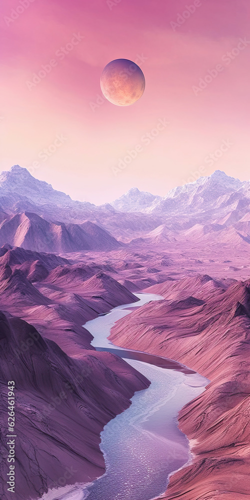 Unreal blue and purple terrain with planet landscape background,an ...