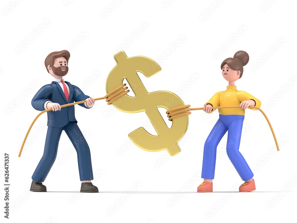 Two businessmen break sing dollar bill with rope. Tearing money. Divide ...
