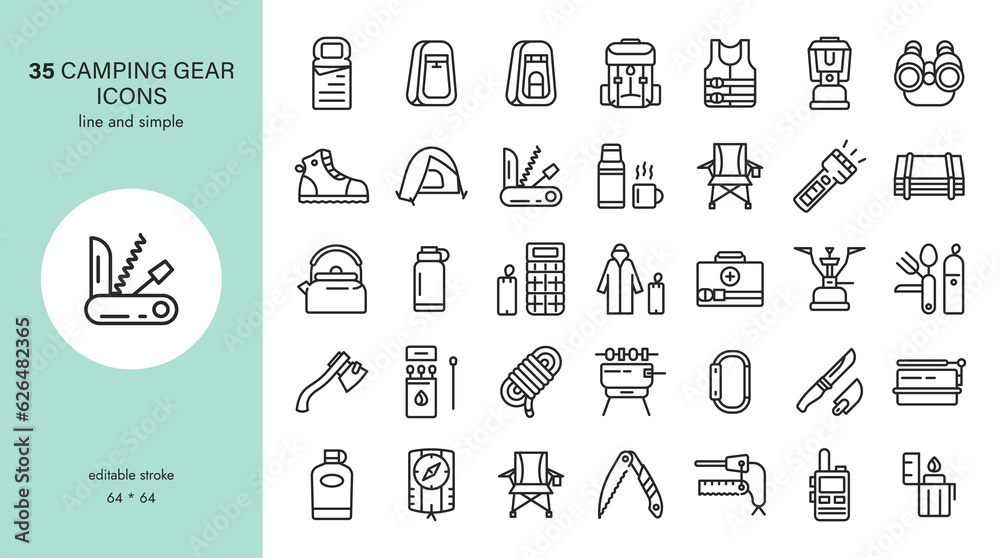 Camping Gear Icons Set. Vector Collection of Outdoor Equipment and ...