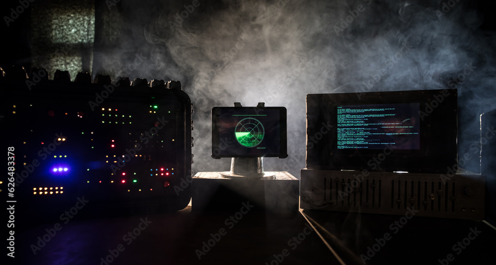 Workplace of the air traffic controllers in the control tower. Team of ...