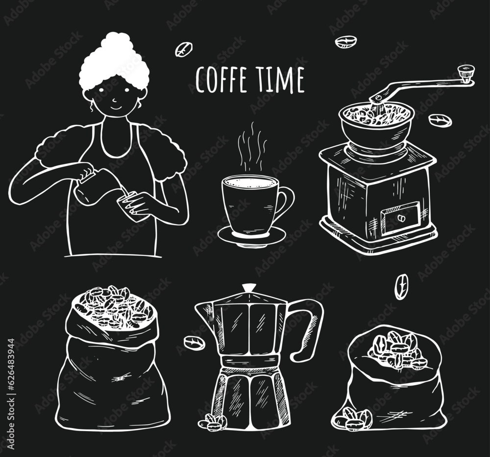 set coffee vector freehand drawing on a black background. girl making ...
