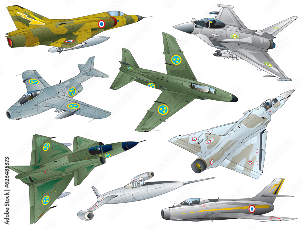 8 types of european single jet fighter collection (Manga style Vector ...