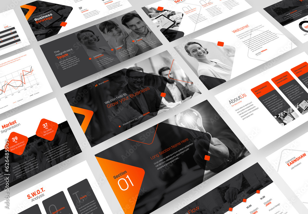 Business Presentation Slide Deck Layout with Red and Grey Accents Stock ...