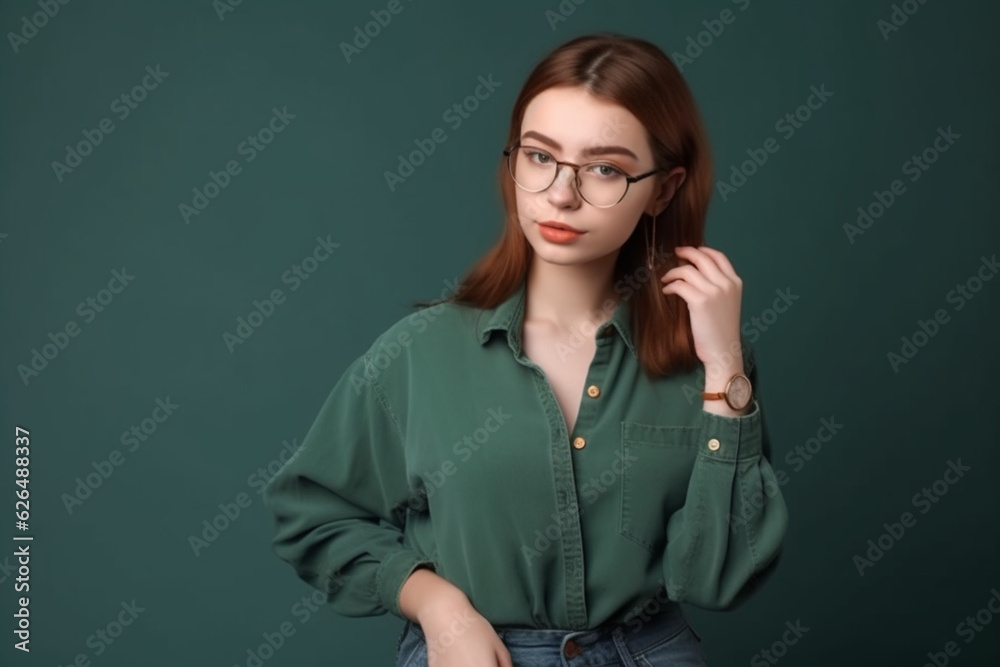 Young pretty attractive girl in denim clothes in glasses on a simple ...