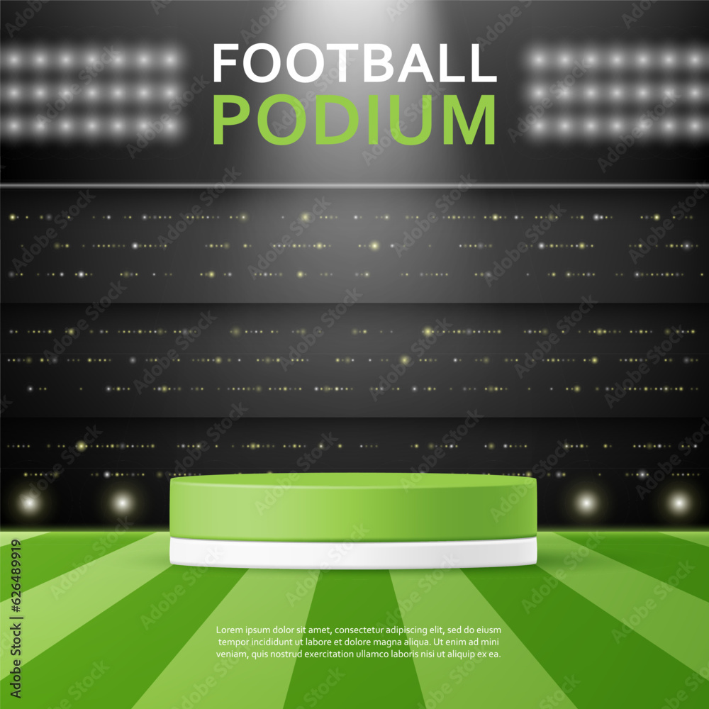 3D Vector Football display cylinder stand podium banner. Green field in ...