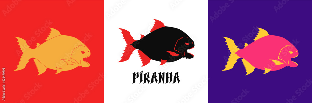 Piranha logo set, vector piranha illustration. Dangerous fish with ...