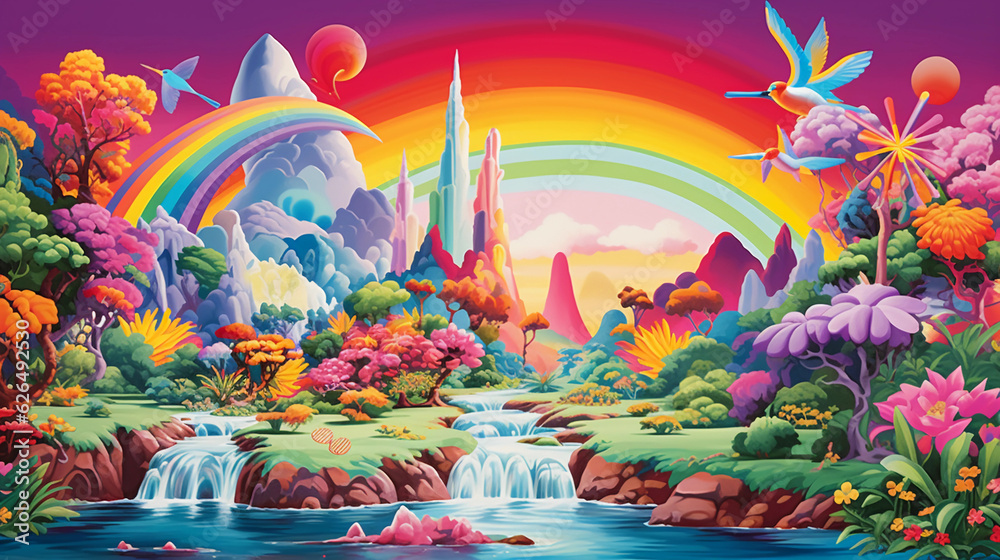 Surreal pop art of floating island garden with exotic flora, waterfalls ...