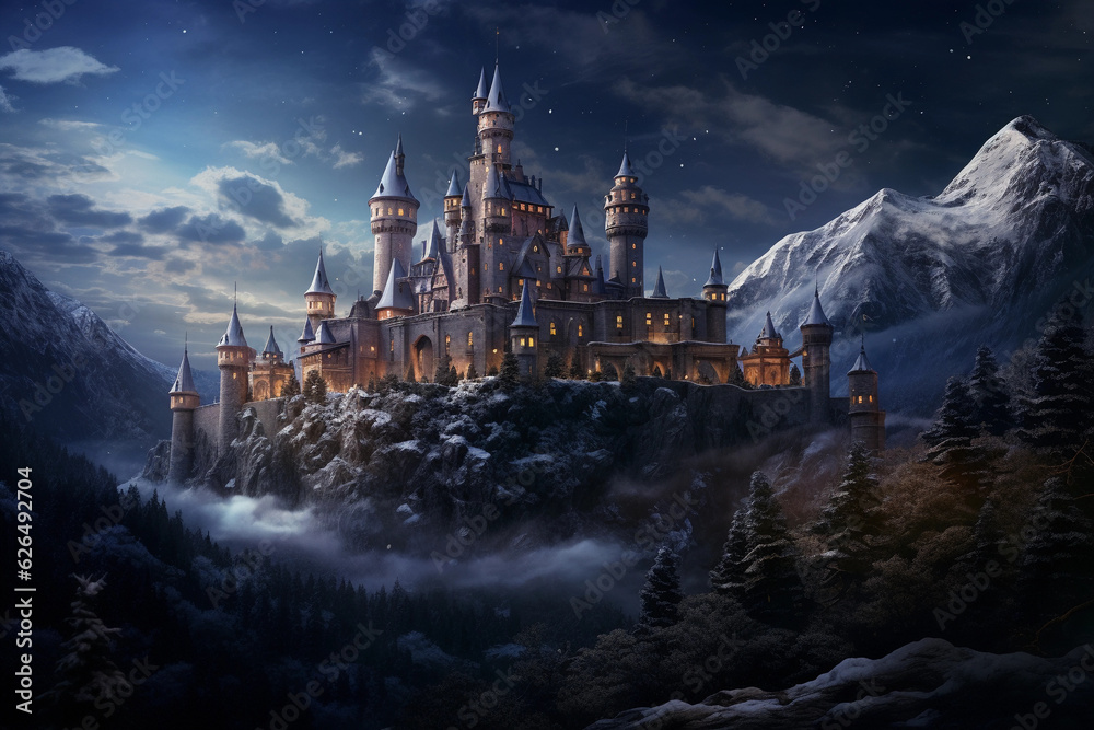 a medieval castle at twilight, nestled in a lush valley, with a star ...