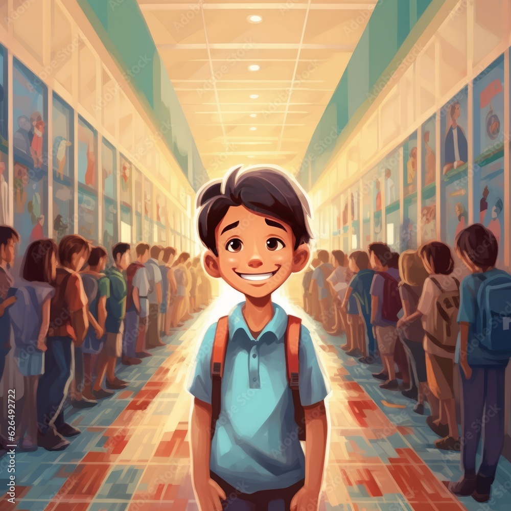 Happy boy walking in a crowded school corridor with a backpack ...