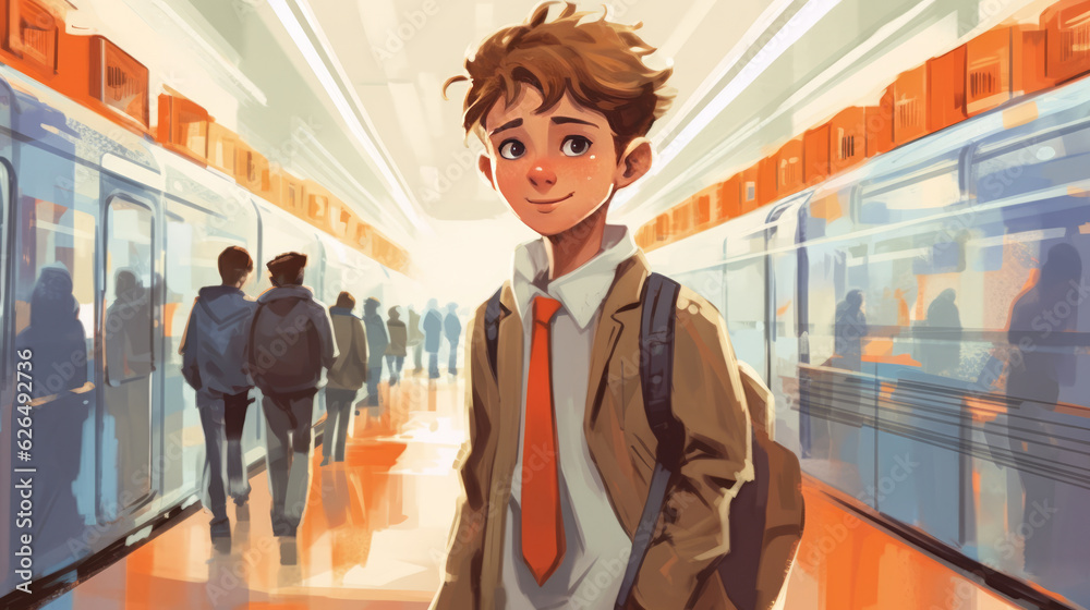 Happy boy walking in a crowded school corridor with a backpack ...
