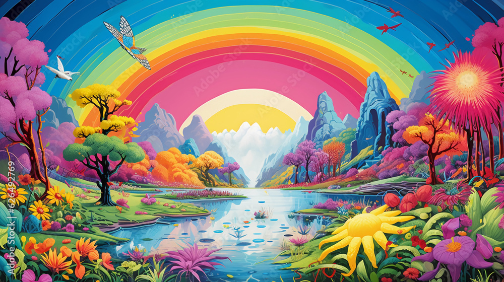 Surreal pop art of floating island garden with exotic flora, waterfalls ...