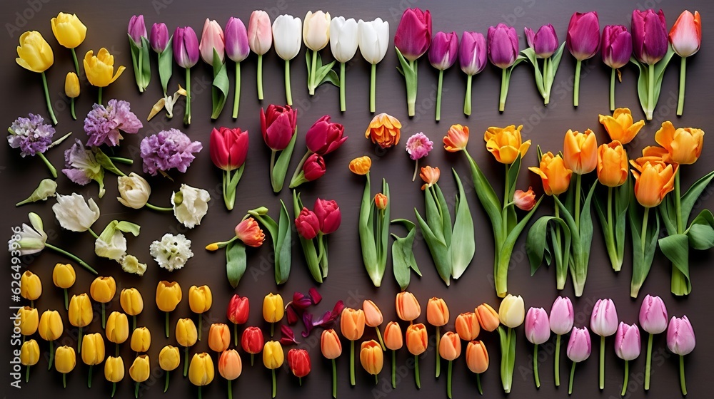 flatlay layout of a tulip flower, elements and a multi-colored bud ...