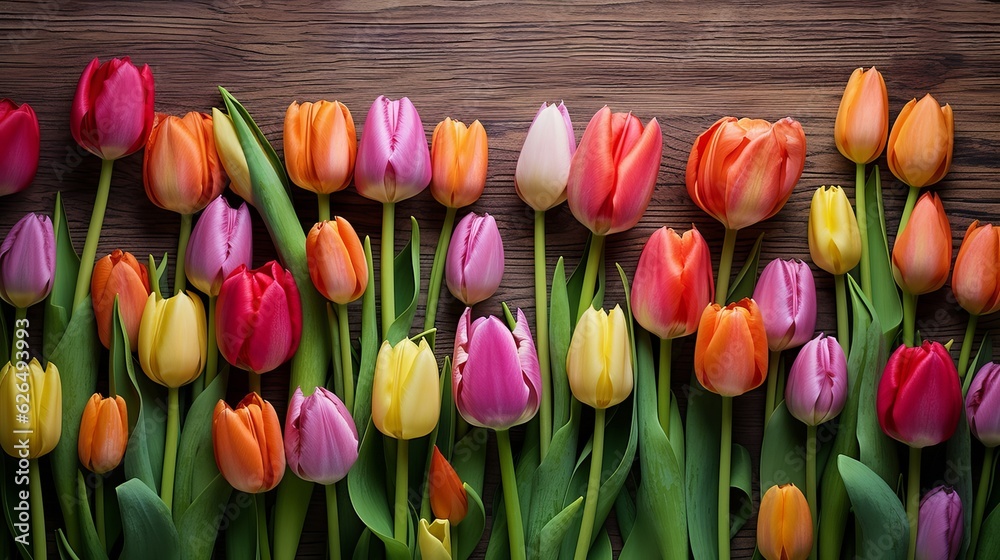 flatlay layout of a tulip flower, elements and a multi-colored bud ...