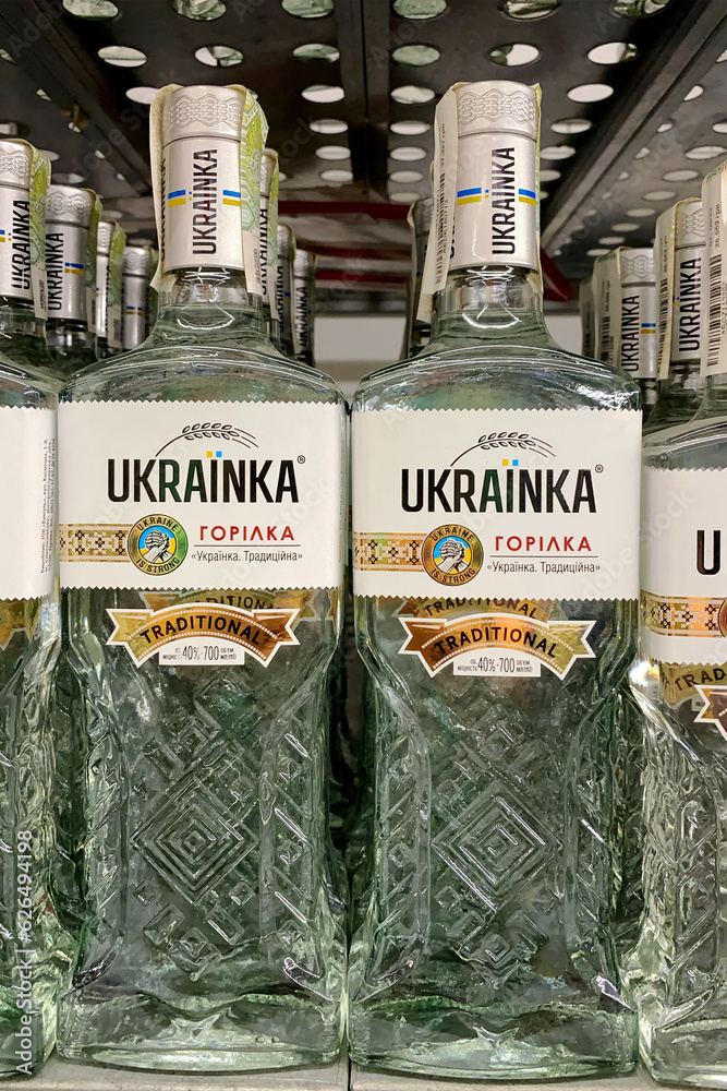 Kyiv, Ukraine, 13 July, 2023: - Bottles of Ukrainka Traditional brand ...