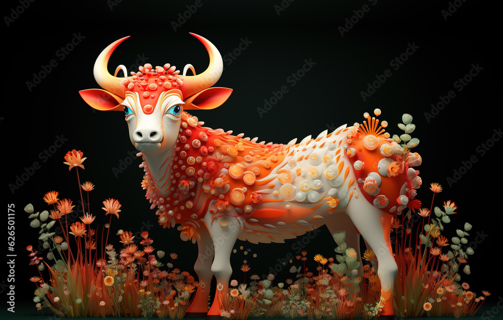 Statue of a white cow with orange jewelry for a sacred ritual, ai art ...