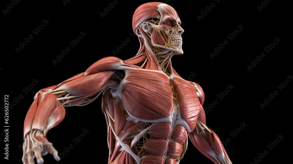 Anatomical structure of muscular system of human body, dark background ...