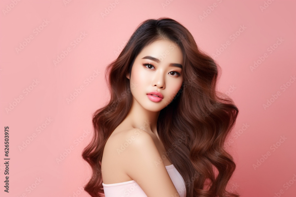 Young Asian beautiful woman Curly long hair with korean makeup style on face and clear smooth ...