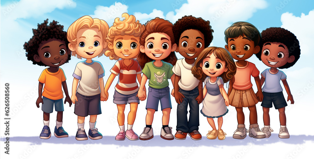 a cartoon scene with 7 siblings one black hair.Generative Ai content ...