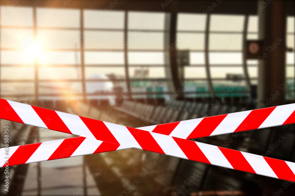 Barrier red white cross tape crossed lines on waiting room airport ...