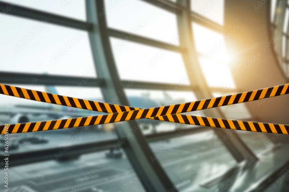 Unsafe waiting room crossed black yellow tapes, do not enter, danger ...