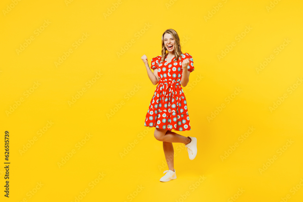 Full body young smiling woman wear red dress casual clothes doing ...