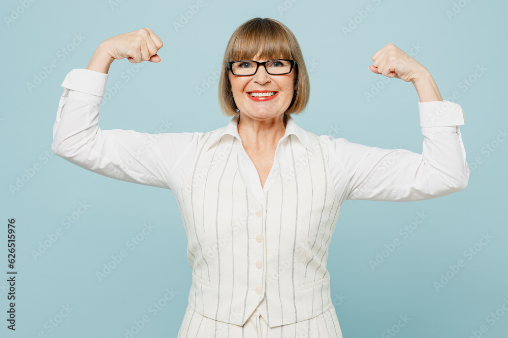 Employee business woman 50s wear white classic suit glasses formal ...