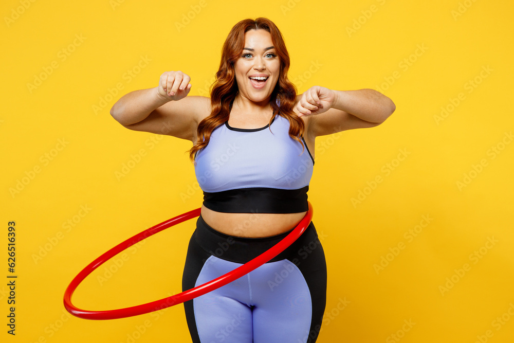 Young happy smiling chubby overweight plus size big fat fit woman wear ...