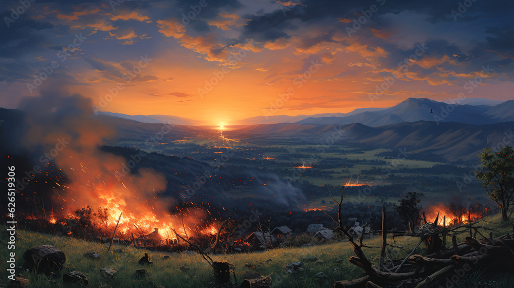 Fire on a taiga with trees and dense forest near the mountains, ai art ...