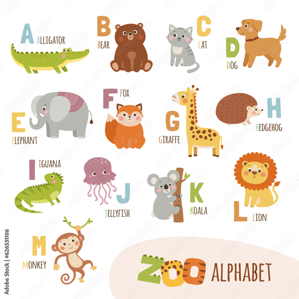 Cute cartoon zoo alphabet for kids. English alphabet with funny animals ...