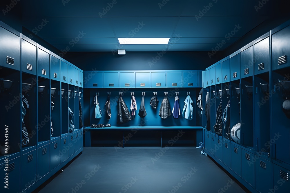Sports equipment in blue empty locker room low angle photo. Generative ...