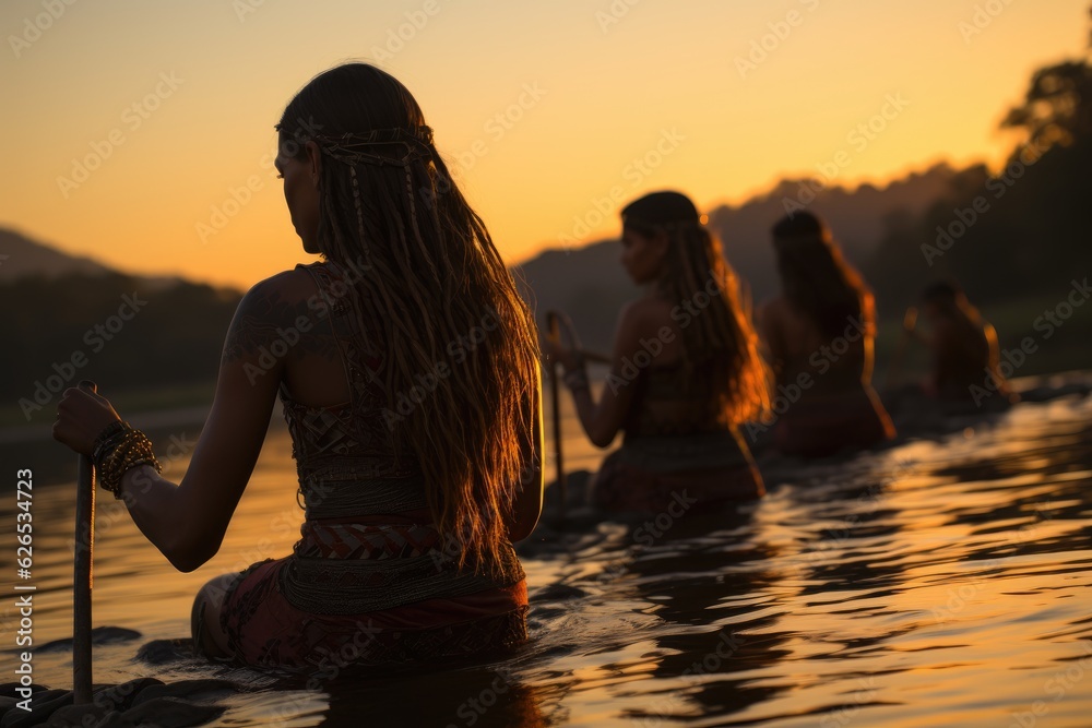 Tribal or native indigenous women at sunset by the river, Native ...