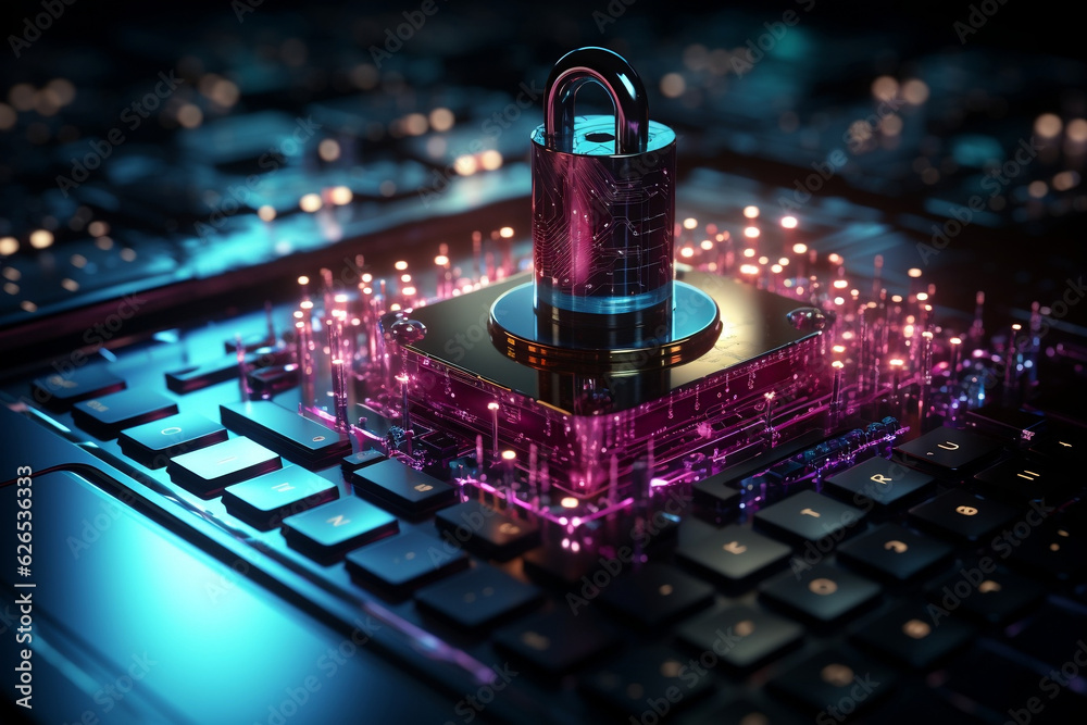 Cybersecurity concept depicting a padlock on top of a microchip board ... Cybersecurity concept depicting a padlock on top of a microchip board ...