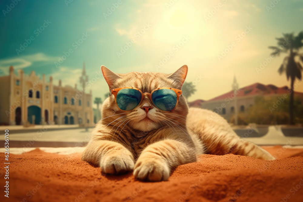 Beautiful Cute Funny Cat with Sunglasses on a Sand Beach extreme ...