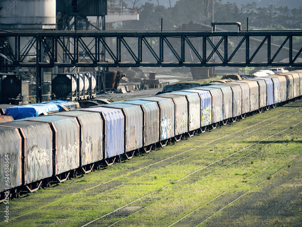 Cargo train with rail carts at factory Stock Photo | Adobe Stock