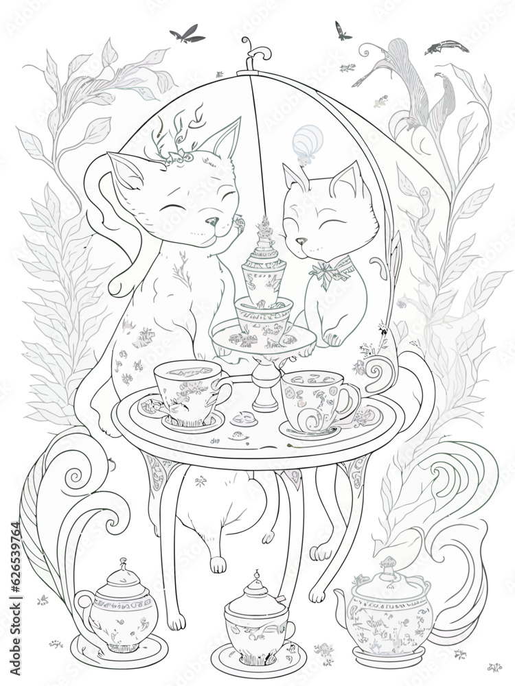 Magical Whimsical Tea Party: Printable Coloring Page for Kids Stock ...