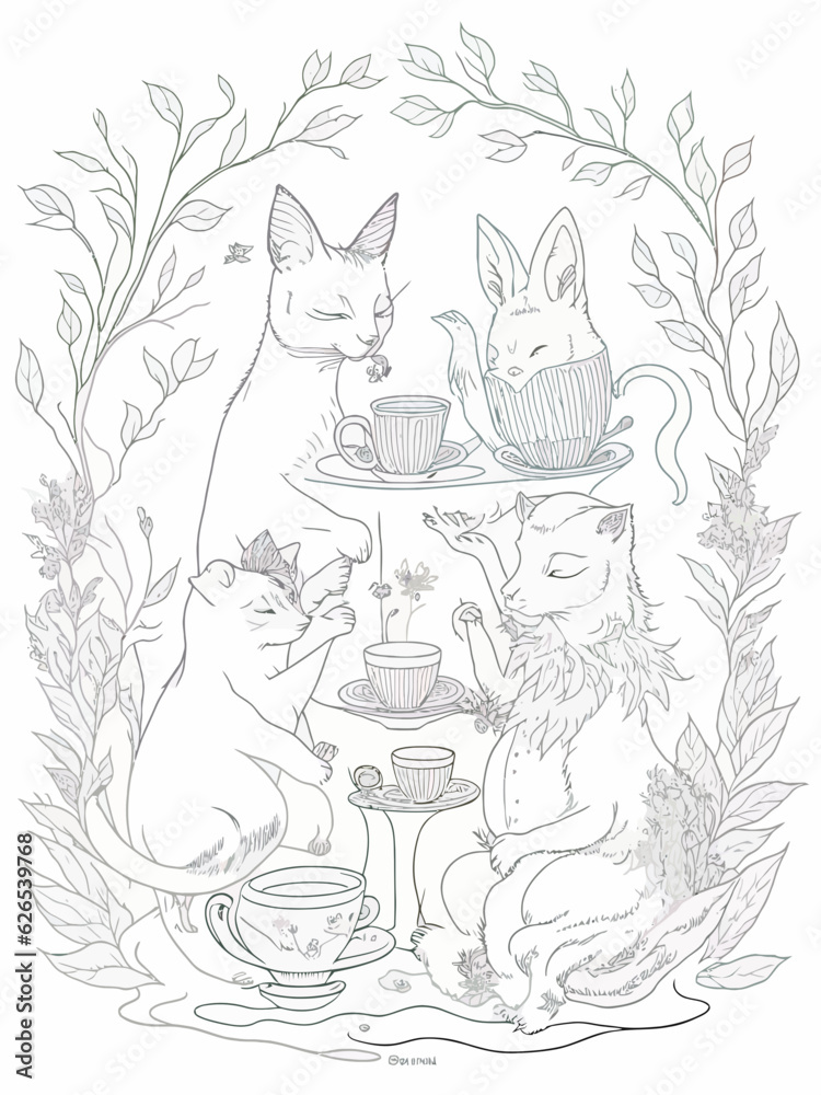 Immerse in Whimsy: Whimsical Tea Party Coloring Page for Kids Stock ...
