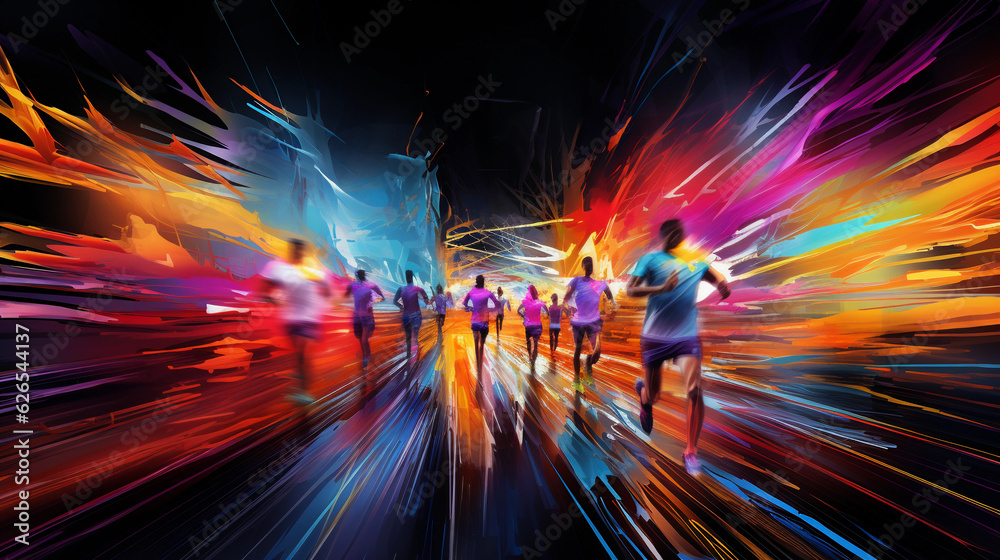 Abstract representation of a charity run, streaks of bright neon colors ...