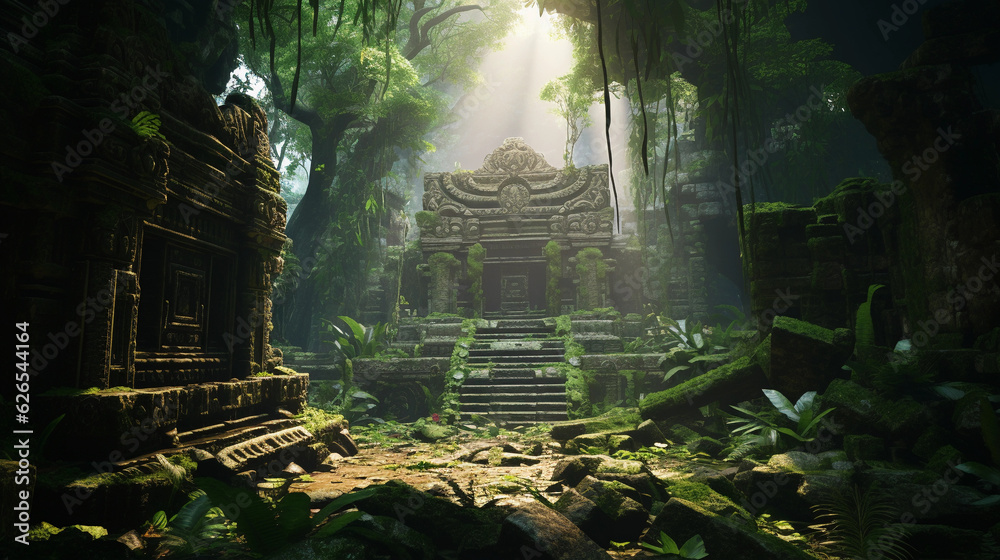 virtual reality scene, user's perspective, exploring an ancient ...