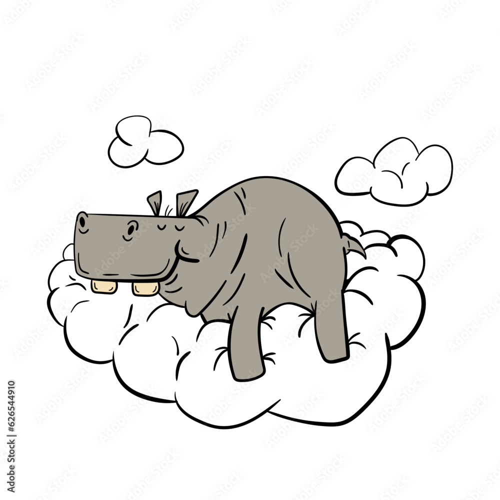 Cute hippo sleeping on a white cloud. Isolated on white background ...