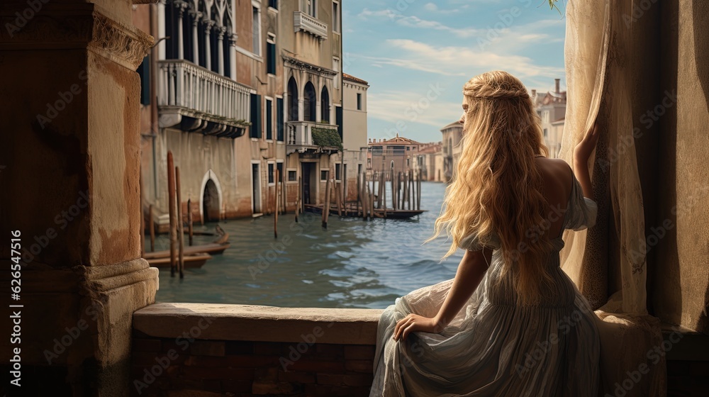 Arched sub - portico in Venice Italy with seated blonde long hair girl ...