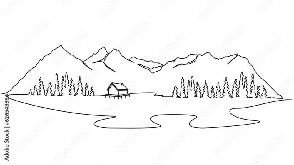 animated continuous single line drawing of cabin at lakeshore in ...