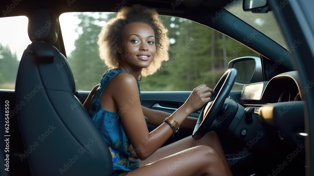 Attractive black woman at wheel of car outdoor traveling, female car ...