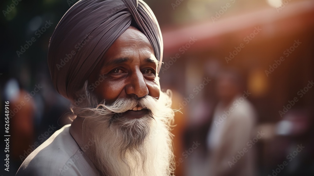 Happy old sikh indian man in pagri headwear portrait walking on street ...