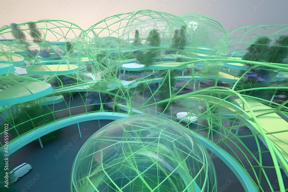 Abstract 3D render of a futuristic eco transportation hub with ...