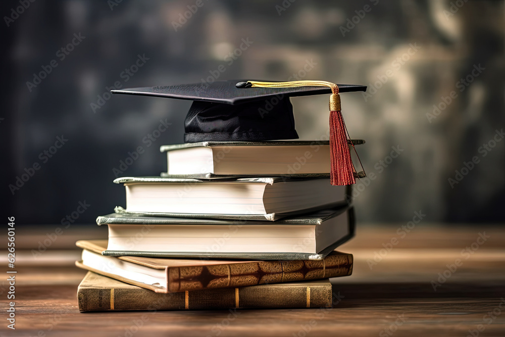 Graduation hat on books in classroom. Education in college and ...