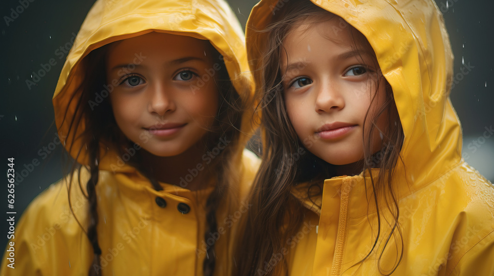 Two Girls in Yellow Raincoats on a Wet and Rainy Neighborhood Street ...