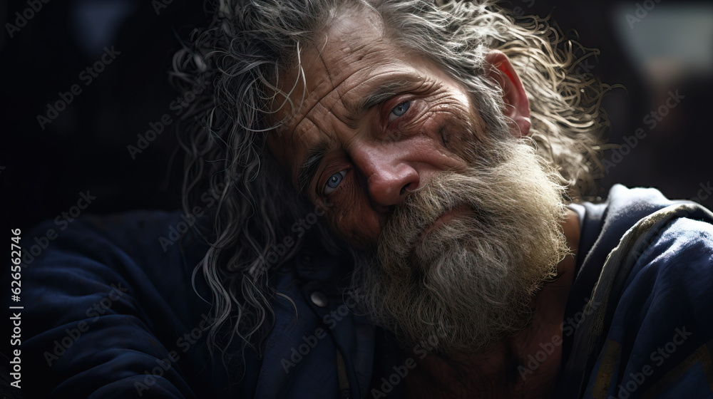 Homeless Man Staring Into the Camera. Long Beard and Scruffy White Hair ...