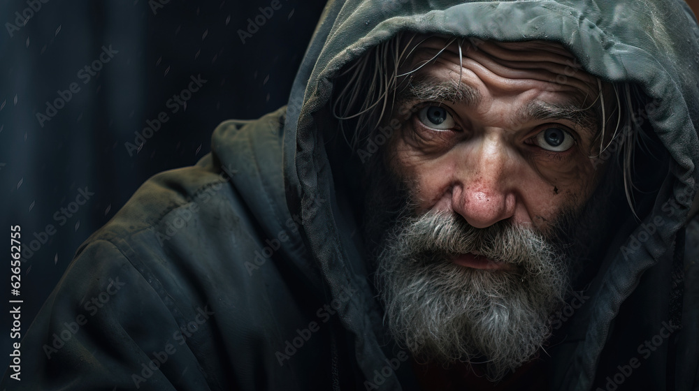 Hooded Homeless Man Looking Up. Close Up Portrait. Surviving the Cold ...