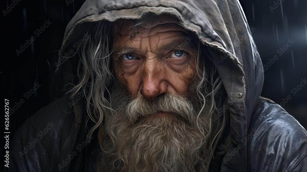 Homeless Man Staring Into the Camera. Rainy Day and Hood on Head. Long ...