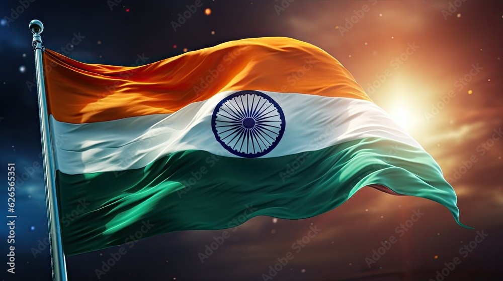Indian flag with blue sky background and sun ray, Indian Independence ...